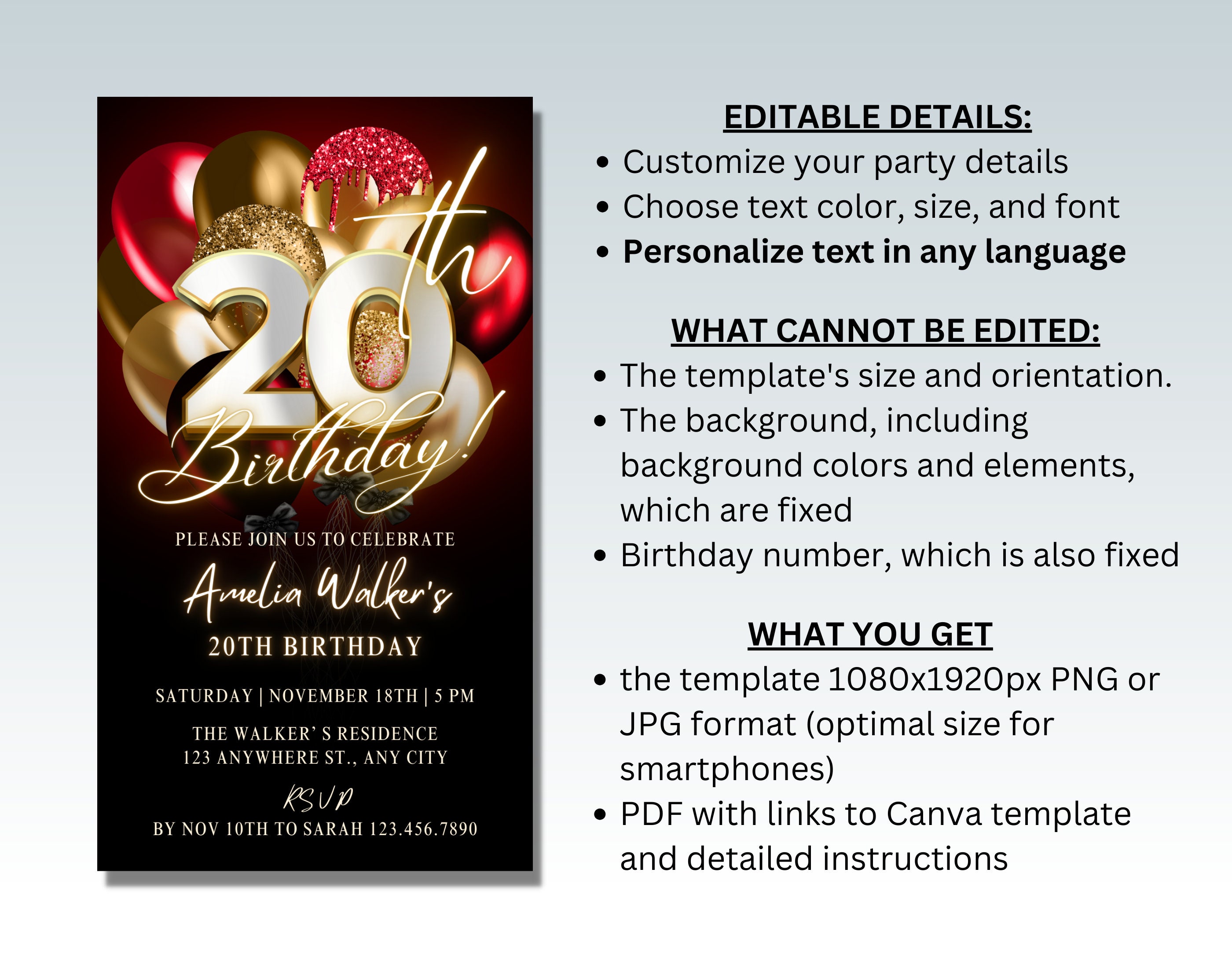 Digital 20th Birthday Party Invitation for Girl, Red Gold Invite, Phone ...