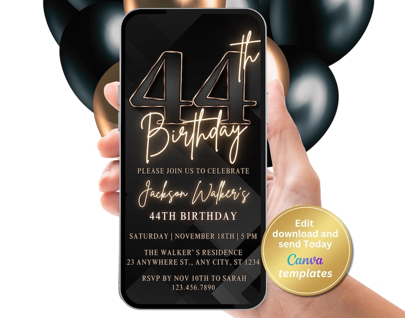 44th Birthday Invitation for Men, Black and Gold Invite (digital ...