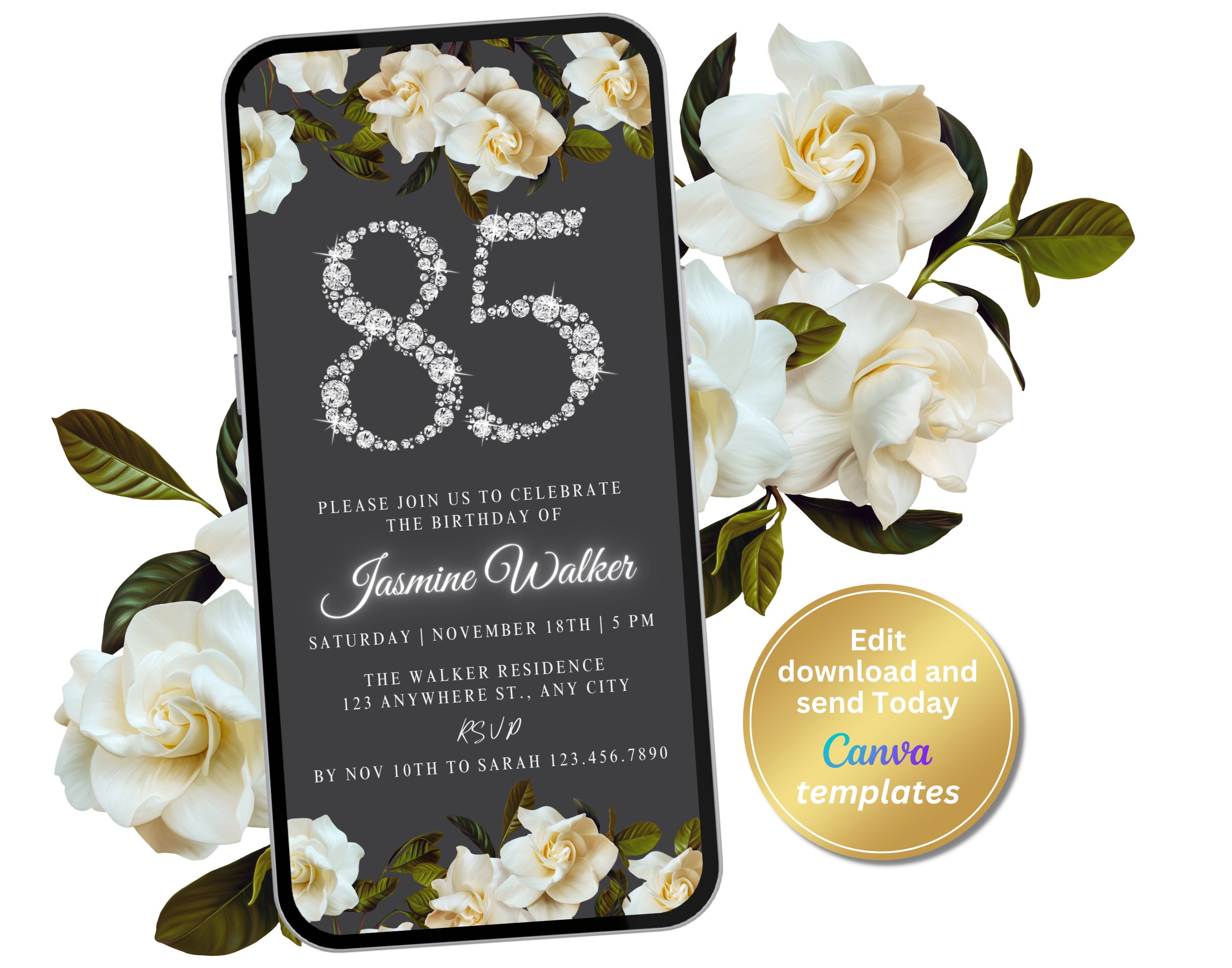 Digital 85th Birthday Party Invitation, Diamond Invite, Floral, Digital ...