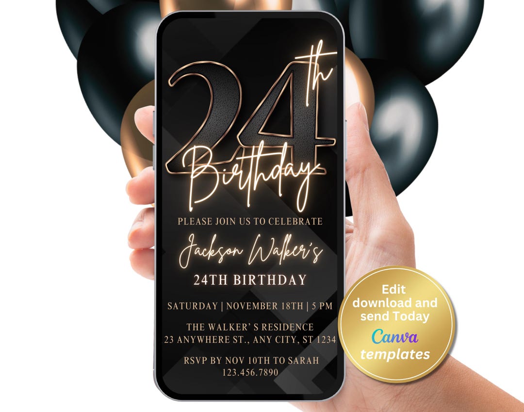 24th Birthday Party Invitation, Black Gold Invite, for Men, Editable ...
