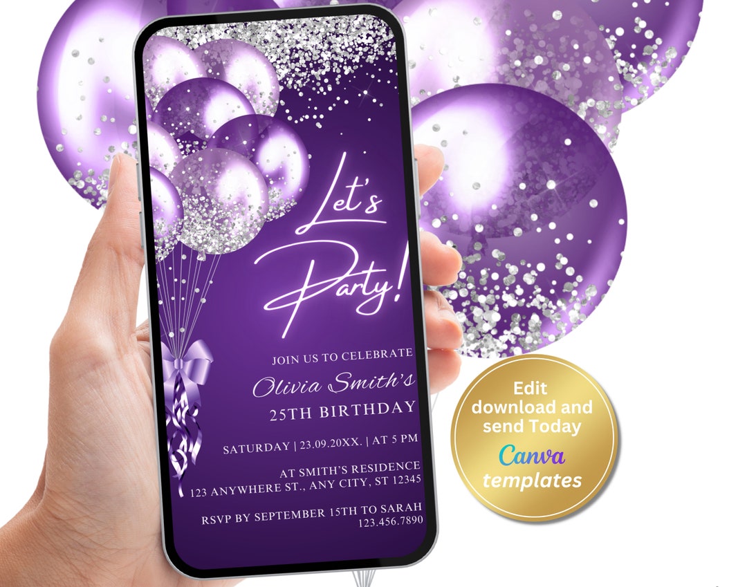 Digital Purple Birthday Party Invitation, Purple Silver Invite ...