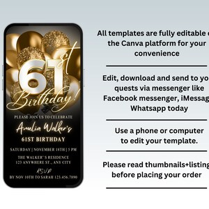 Digital 61st Birthday Party Invitation, Black Gold Invite, Invitation ...