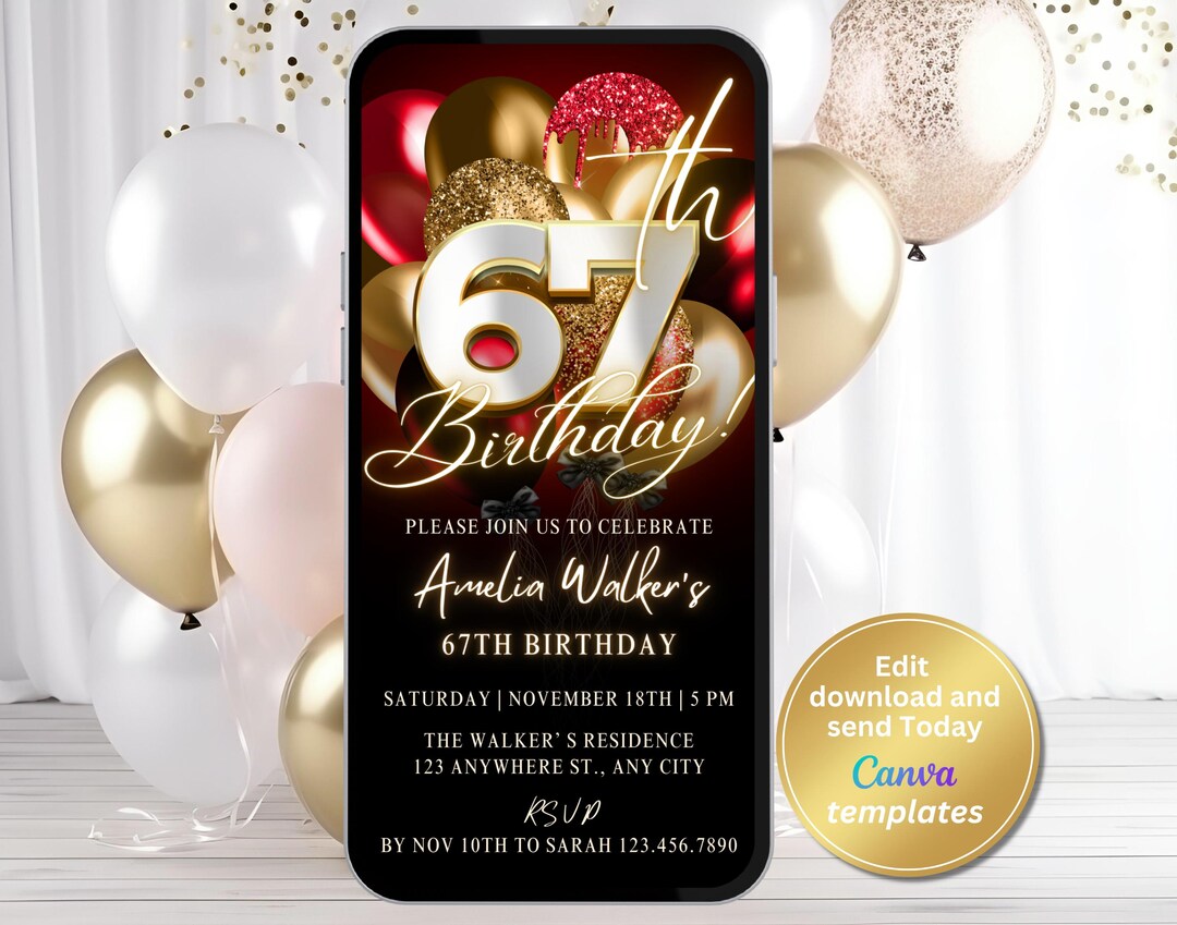 Digital 67th Birthday Invitation for Women – Red Gold Balloons Digital ...
