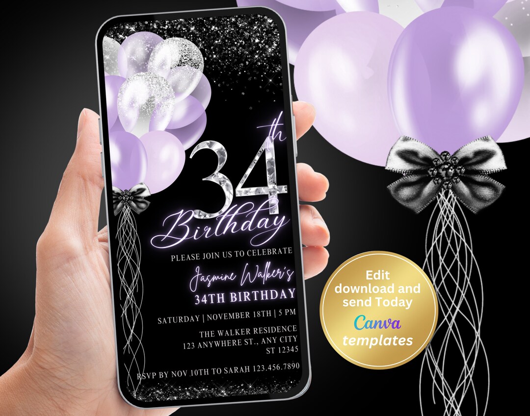 Digital 34th Birthday Party Invitation for Women, Birthday Silver ...