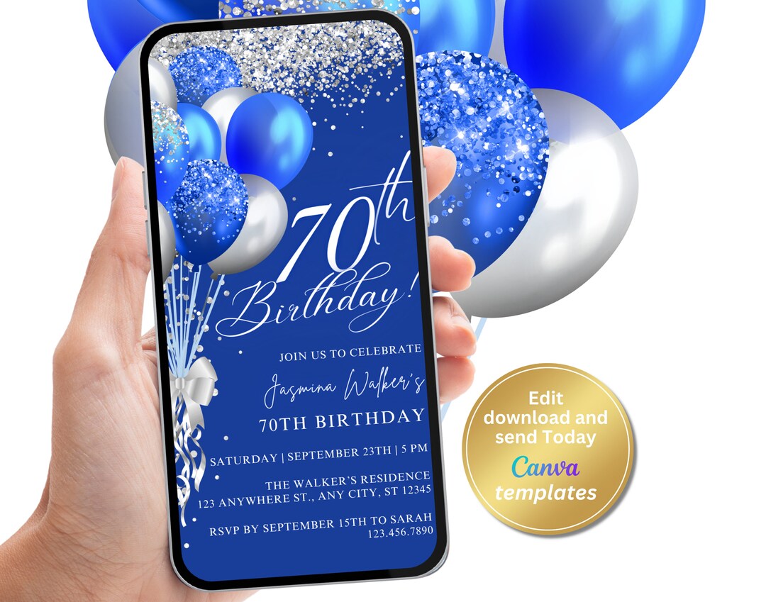 Digital 70th Birthday Party Invitation, Royal Blue Silver, Sapphire ...