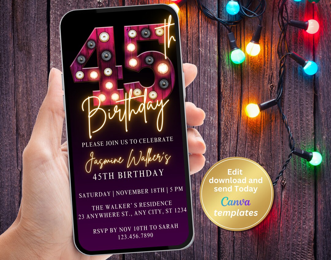 45th Birthday Party Invitation, Marquee Number Invite, Purple, Digital ...