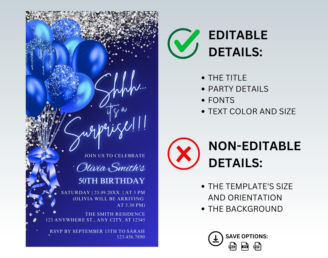 Royal Blue Surprise Birthday Invitation Canva Template, Digital ...