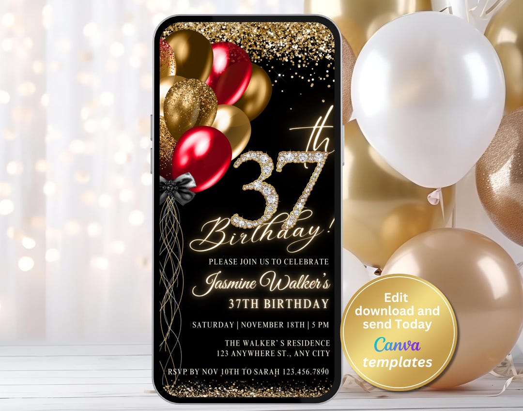 Digital 37th Birthday Invitation, Red Gold Invite, Diamond Invite ...