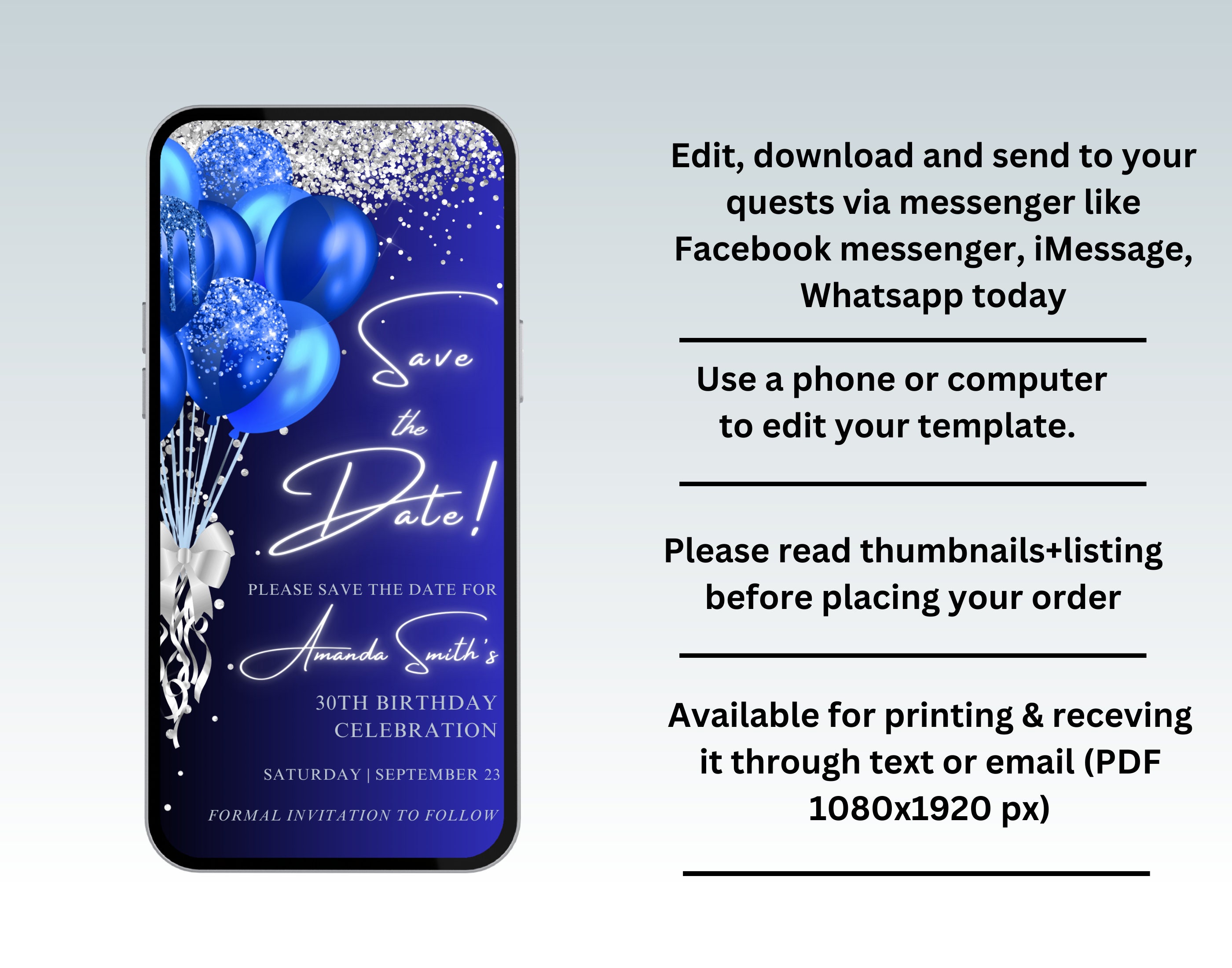 Digital Blue Silver Save the Date Invitation, Phone Text Message Evite ...