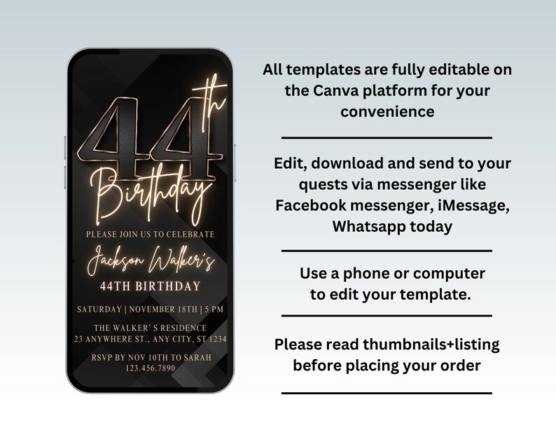 44th Birthday Invitation for Men, Black and Gold Invite (digital ...
