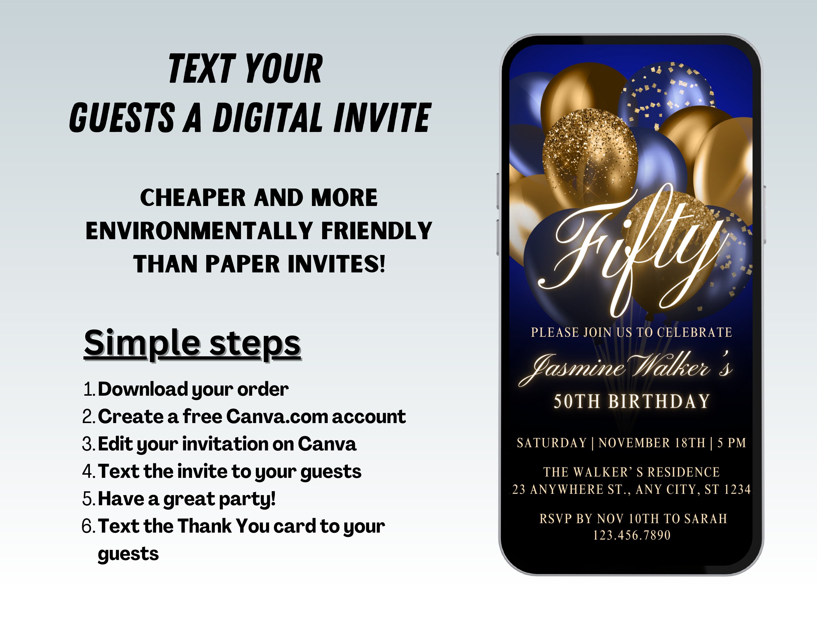 Electronic 50th Birthday Invitation, Thank You Card, Blue Gold, Phone ...