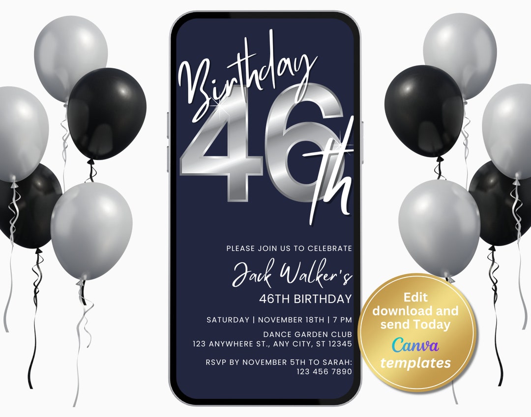 Editable Digital 46th Birthday Invitation With Navy Blue Background ...
