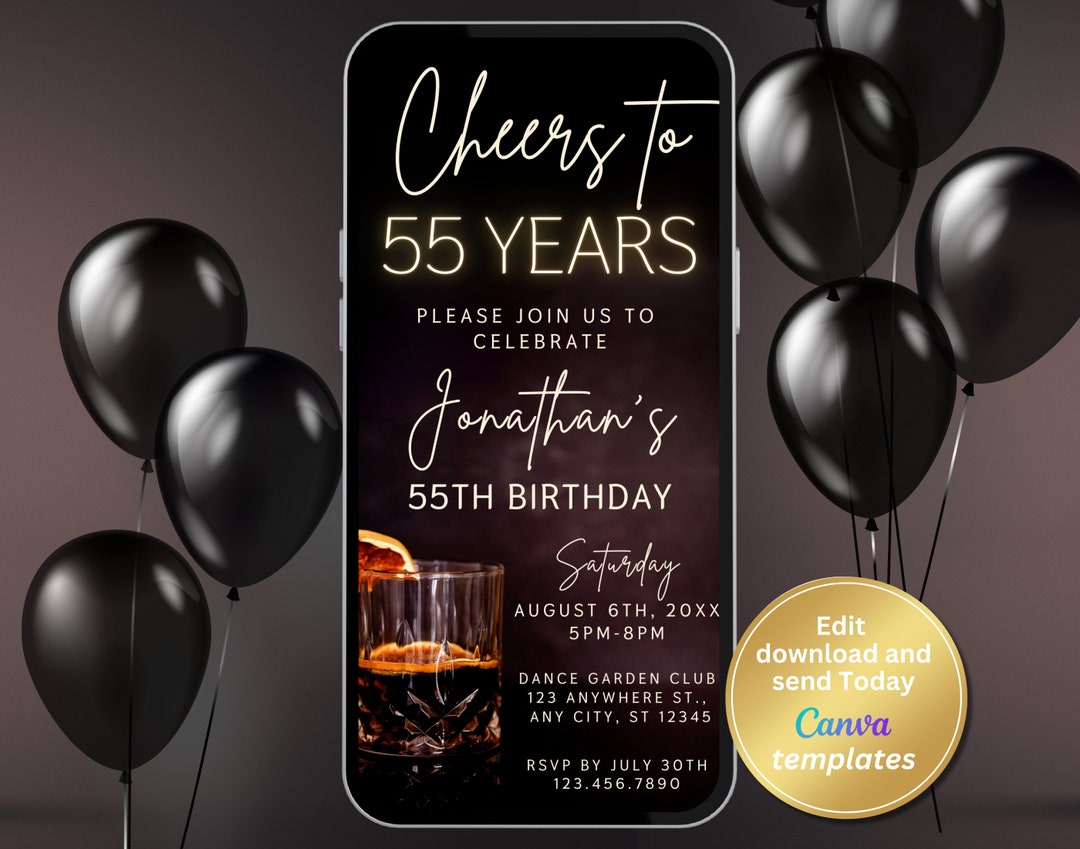 Editable Whiskey Theme Men's 55th Birthday Party Invitation - Cheers to ...