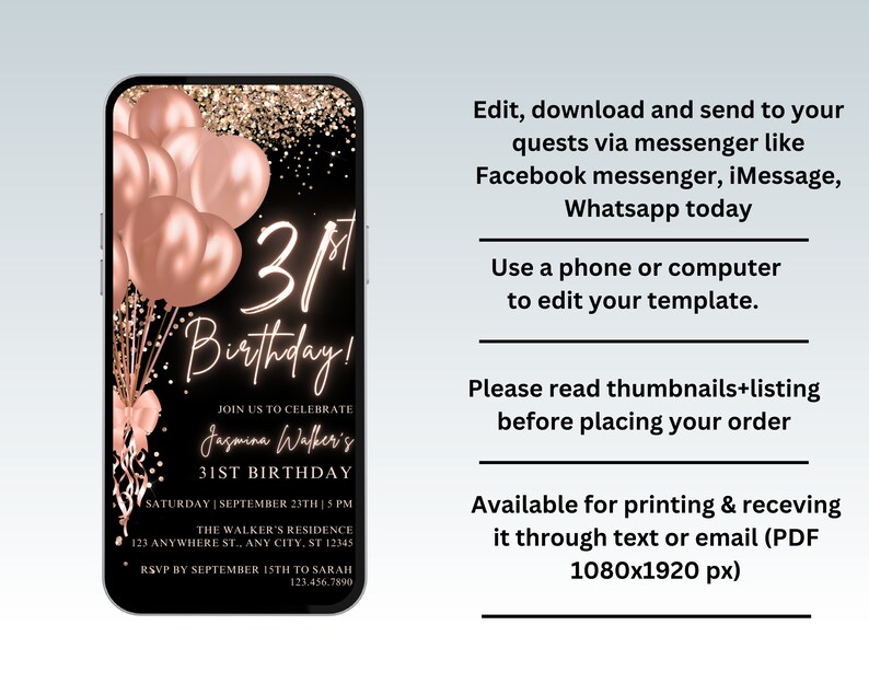 Digital 31st Birthday Party Invitation Black Rose Gold Phone - Etsy