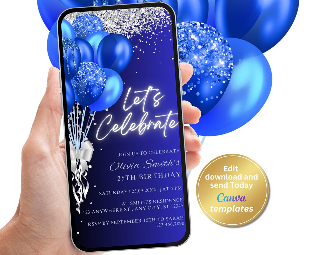 Digital Blue Silver Birthday Party Invitation, Blue Glitter Balloons ...