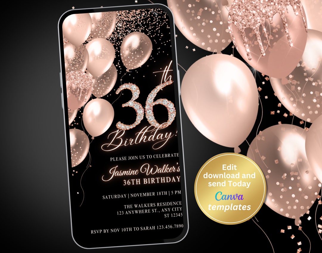 Digital 36th Birthday Party Invitation, Rose Gold Invite, Phone Text ...