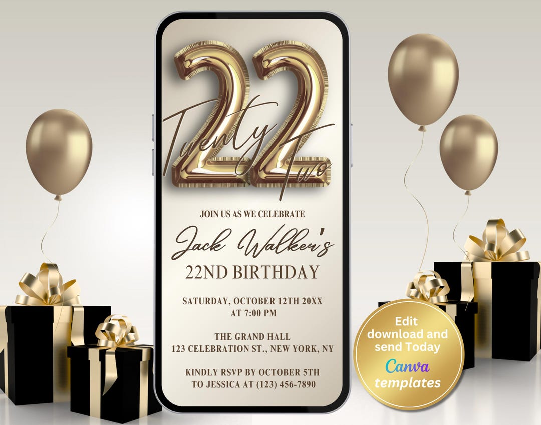 Minimalist 22nd Birthday Invitation – Gold Foil Digital Evite for Men ...