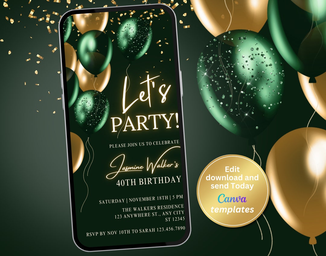 Electronic Birthday Party Invitation, Emerald Green Gold Invite, Text ...