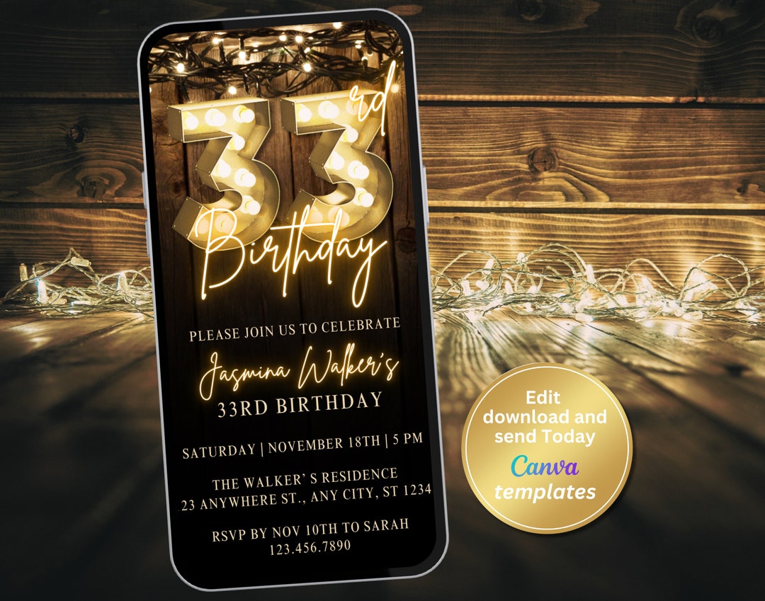 33rd Birthday Party Invitation Marquee Number Invite Black - Etsy