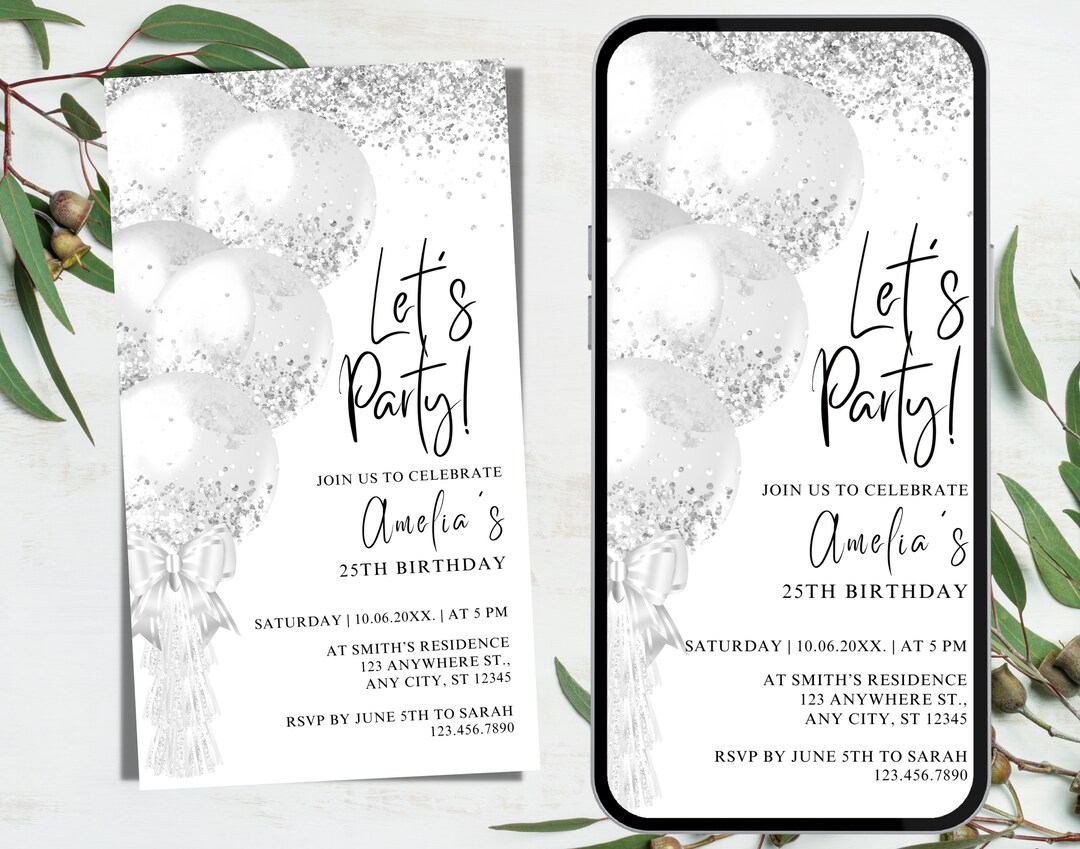 Digital White Birthday Party Invitation Silver Glitter - Etsy