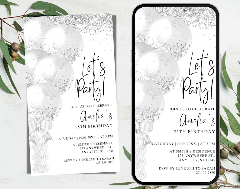 Digital White Birthday Party Invitation Silver Glitter - Etsy