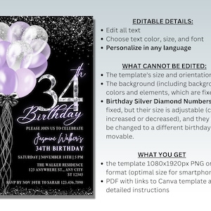 Digital 34th Birthday Party Invitation for Women, Birthday Silver ...