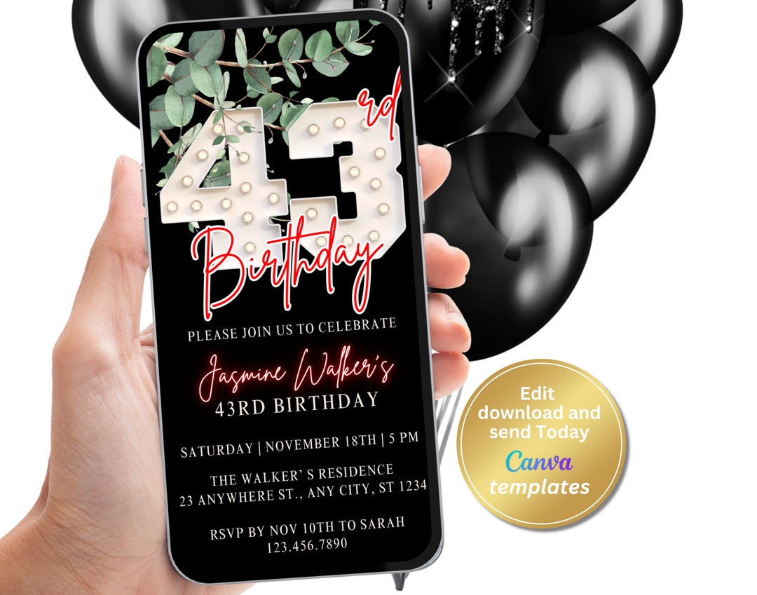 Plantilla de invitación de cumpleaños número 43 Evite - Etsy México