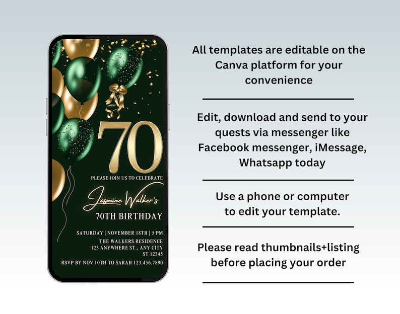 Digital 70th Birthday Party Invitation for Women, Emerald Green Gold ...