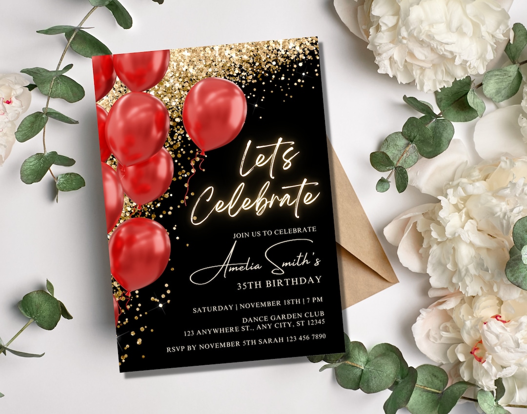 Editable Black Red Birthday Party Invitation, Printable 5x7 Invitation ...