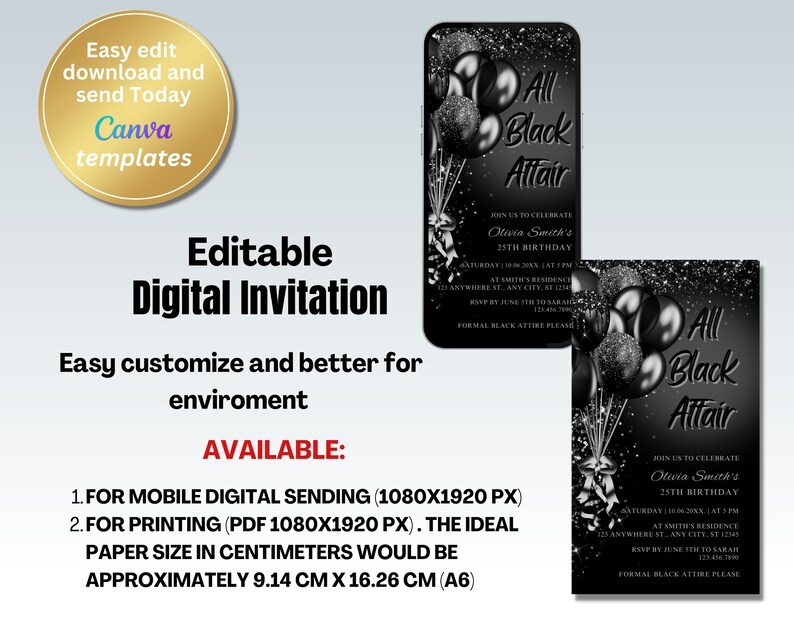 Editable All Black Affair Birthday Invitation, All Black Party, Black ...