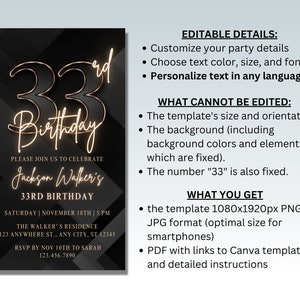 33rd Birthday Party Invitation, Black Gold Number Invite, for Men ...