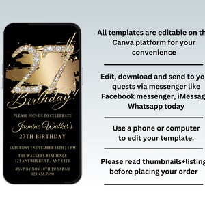 Digital 27th Birthday Party Invitation, Black Gold Invite, Invitation ...