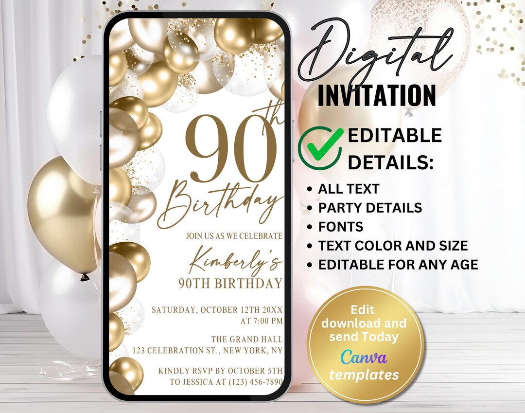 Elegant White and Gold 90th Birthday Invitation for Women, Editable ...