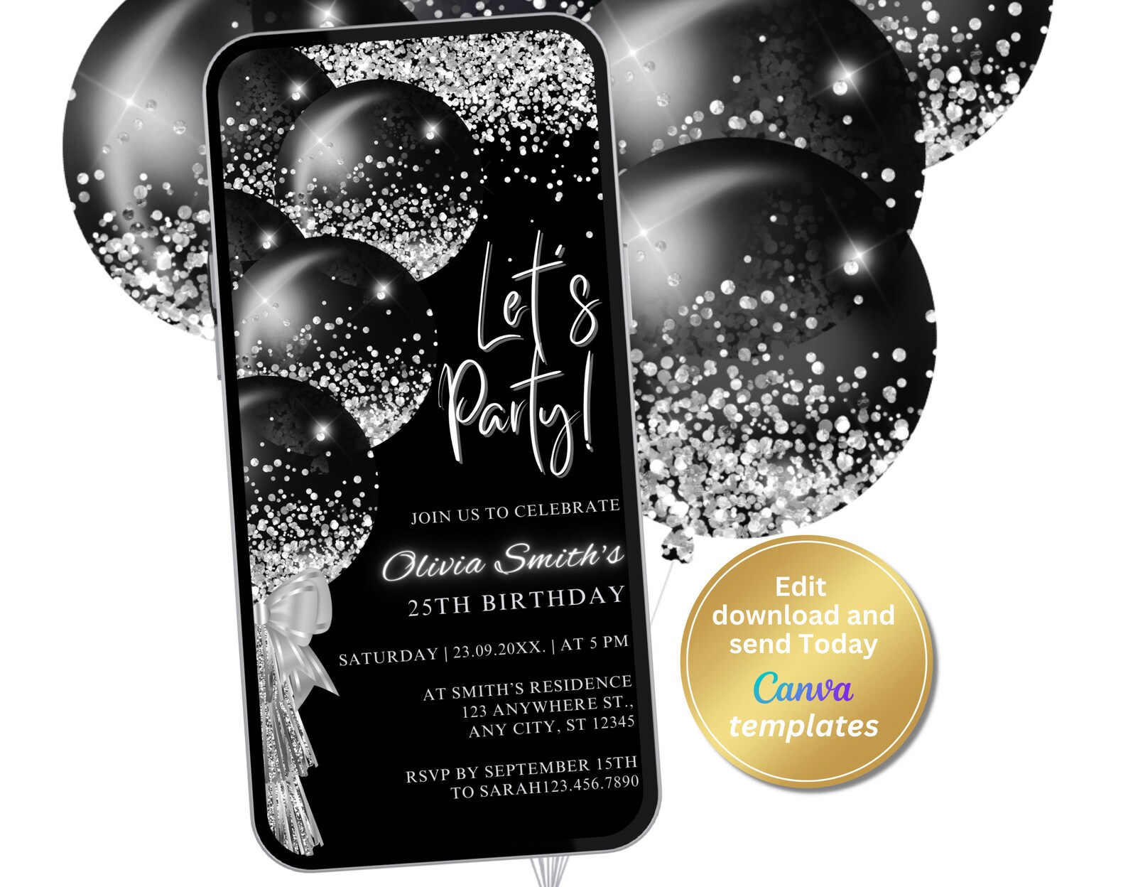 Digital Black Silver Balloons Birthday Party Invitation - Etsy