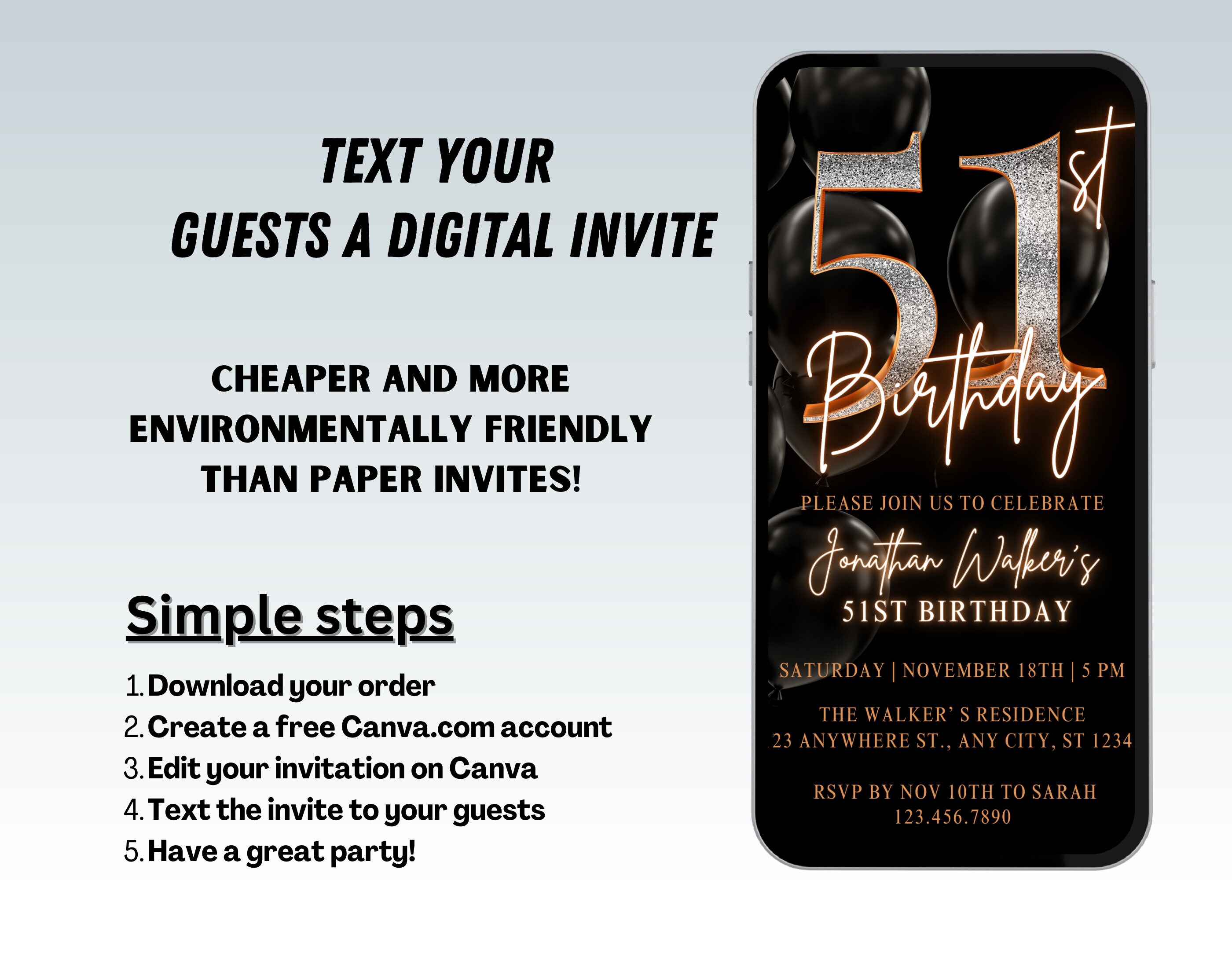 Digital 51st Birthday Invitation Template, 51st Bday Invite, Phone Text ...