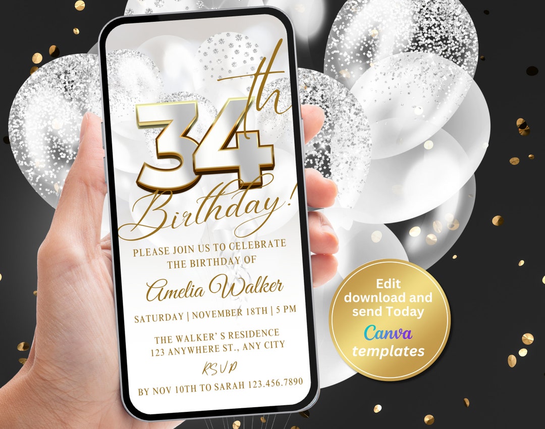 Digital 34th Birthday Party Invitation, White Gold Invite, Phone Text ...
