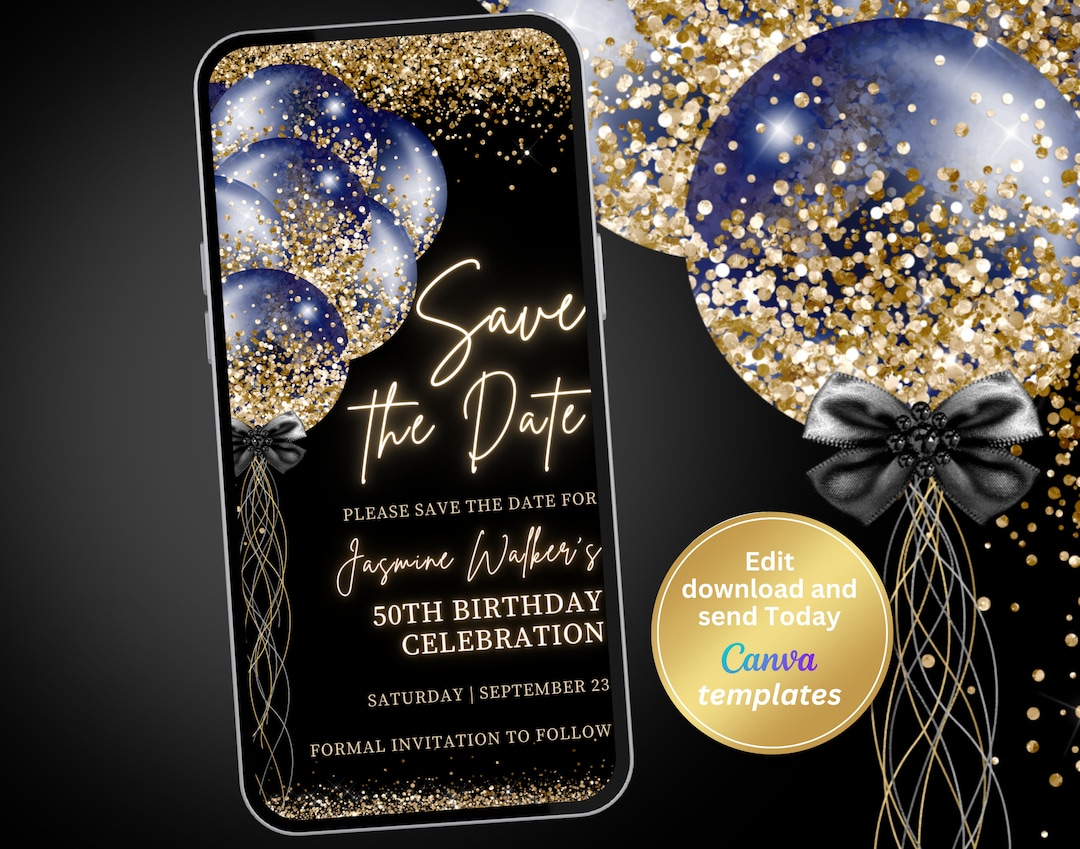 Digital Black Blue Save the Date Invitation, Blue Gold Glitter Balloons ...