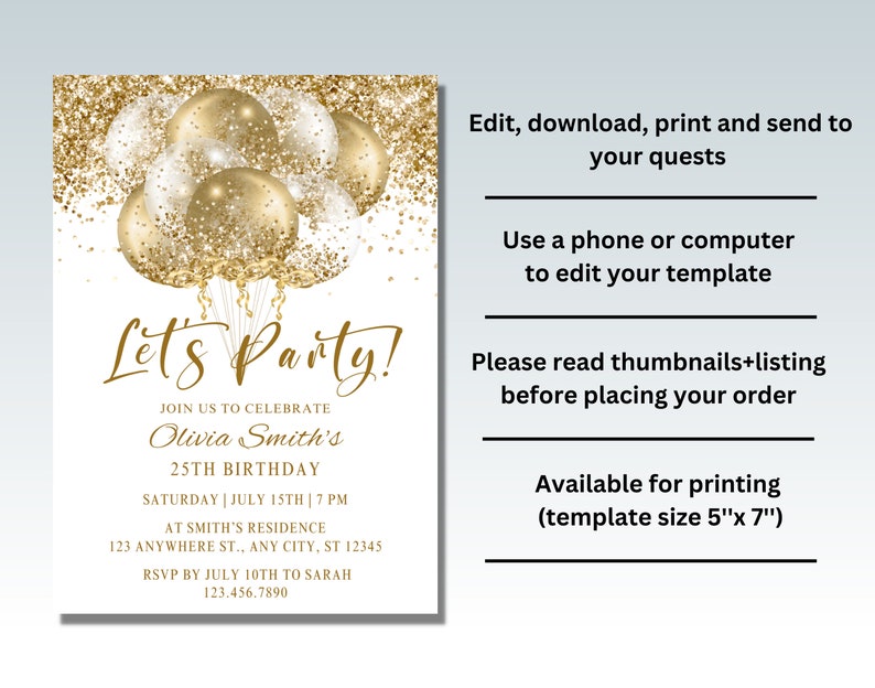 Printable White Gold Birthday Party Invitation 5x7 Template - Etsy