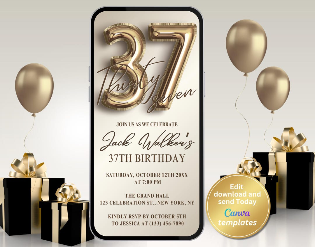 Minimalist 37th Birthday Invitation – Gold Foil Digital Evite for Men ...