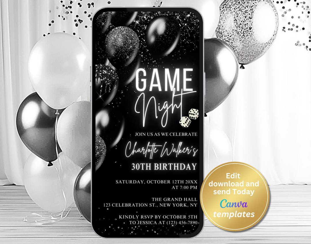 Black Glitter Game Night Invitation | Editable Text for Game Night ...