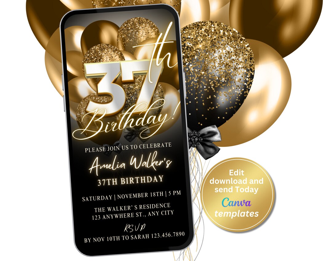 Digital 37th Birthday Party Invitation, Black Gold Invite, Invitation ...