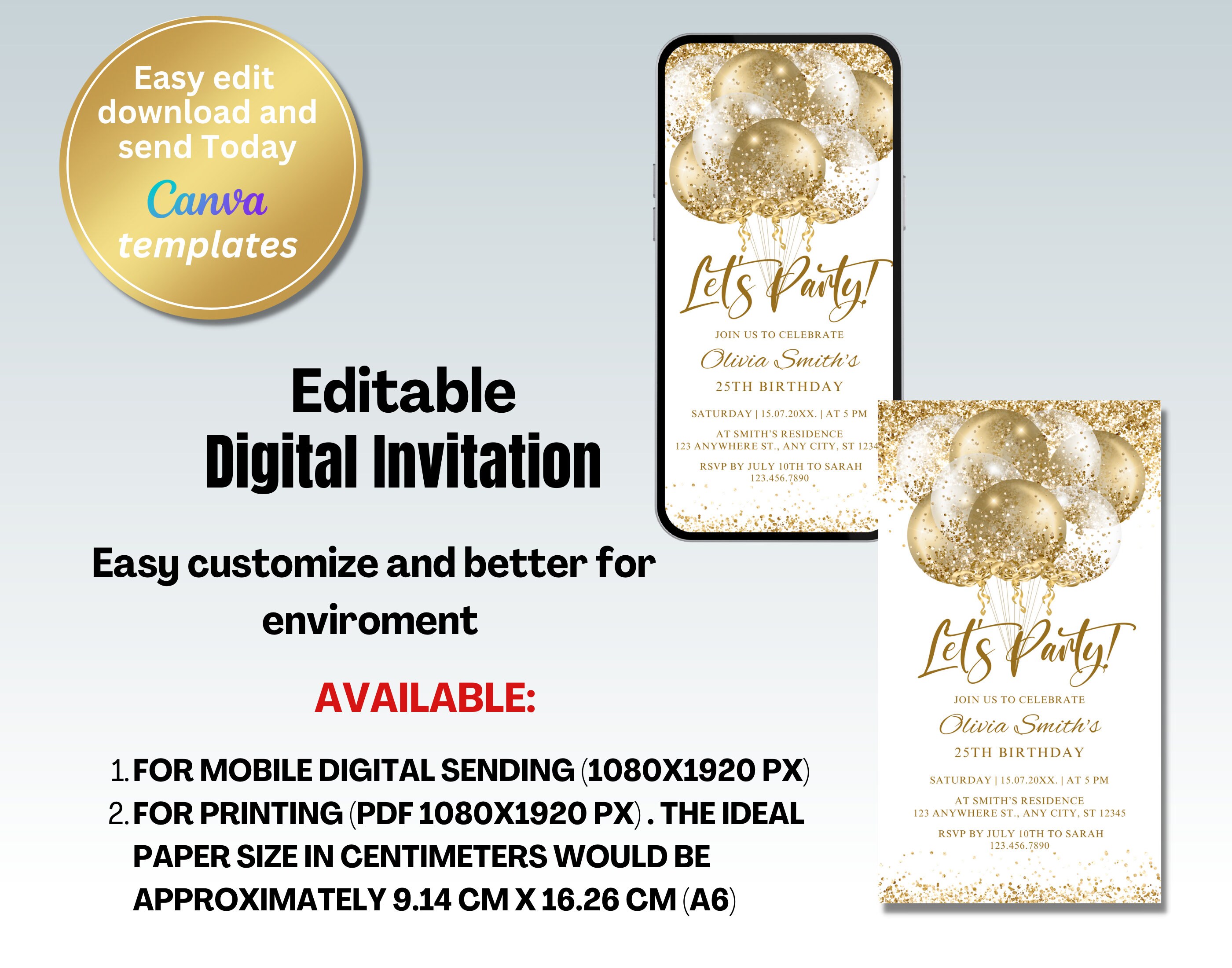 Digital White Gold Birthday Party Invitation, Gold White Glitter ...