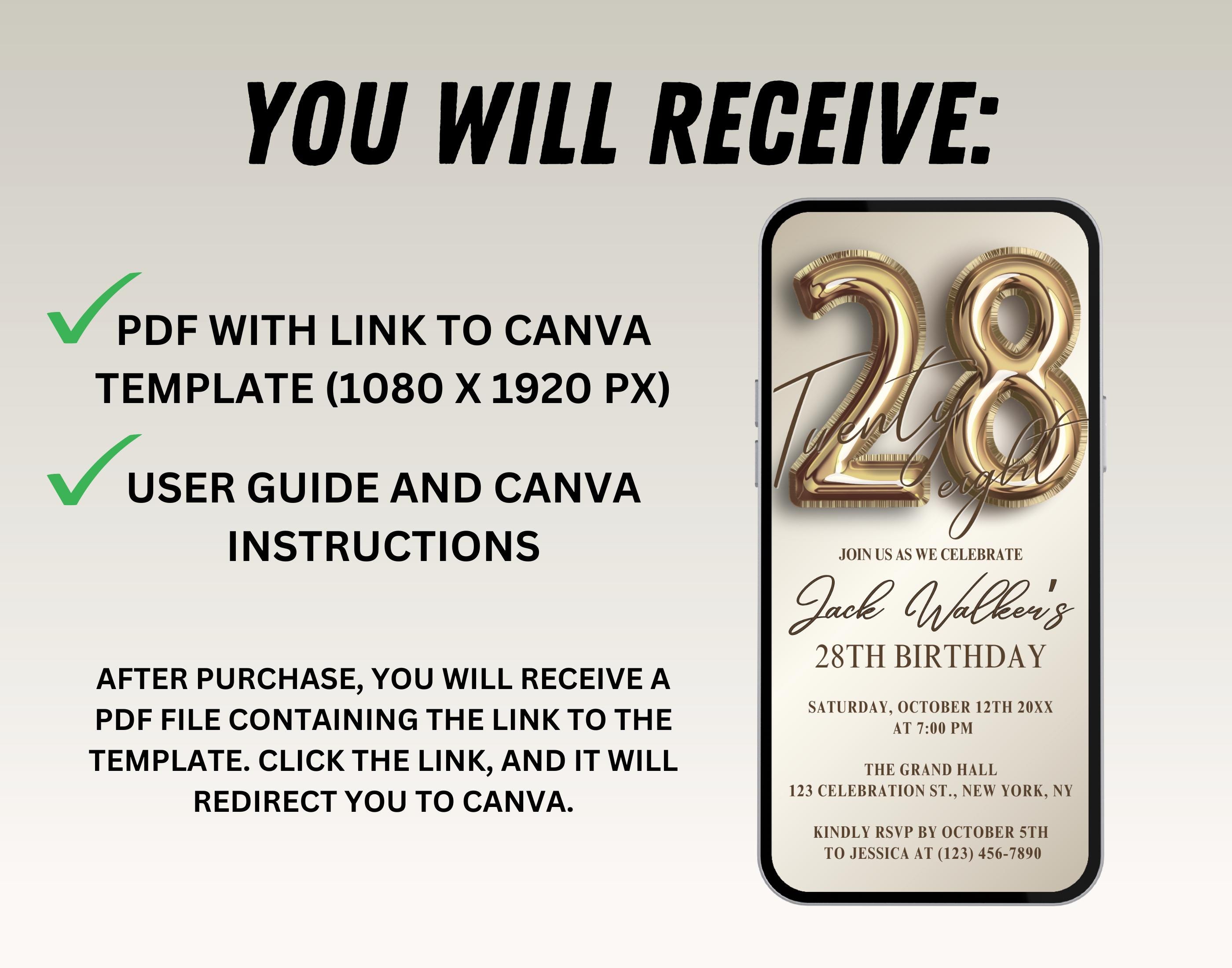 Minimalist 28th Birthday Invitation – Gold Foil Digital Invite for Men ...