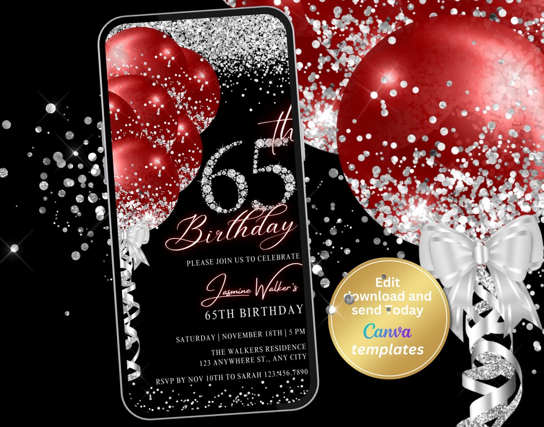 Digital 65th Birthday Party Invitation, Red Glitter Balloons, Silver ...