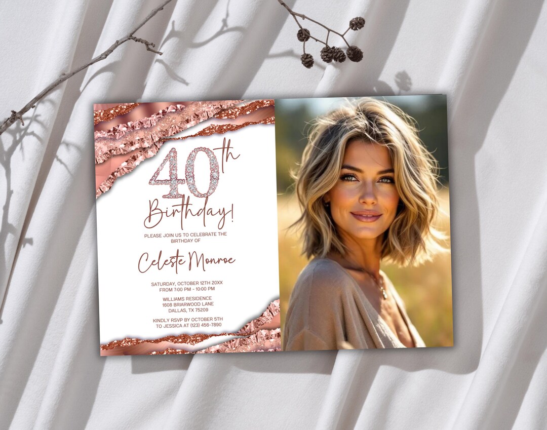 40th Birthday Invitation With Photo, Rose Gold Diamond 40 & Glam Tear ...