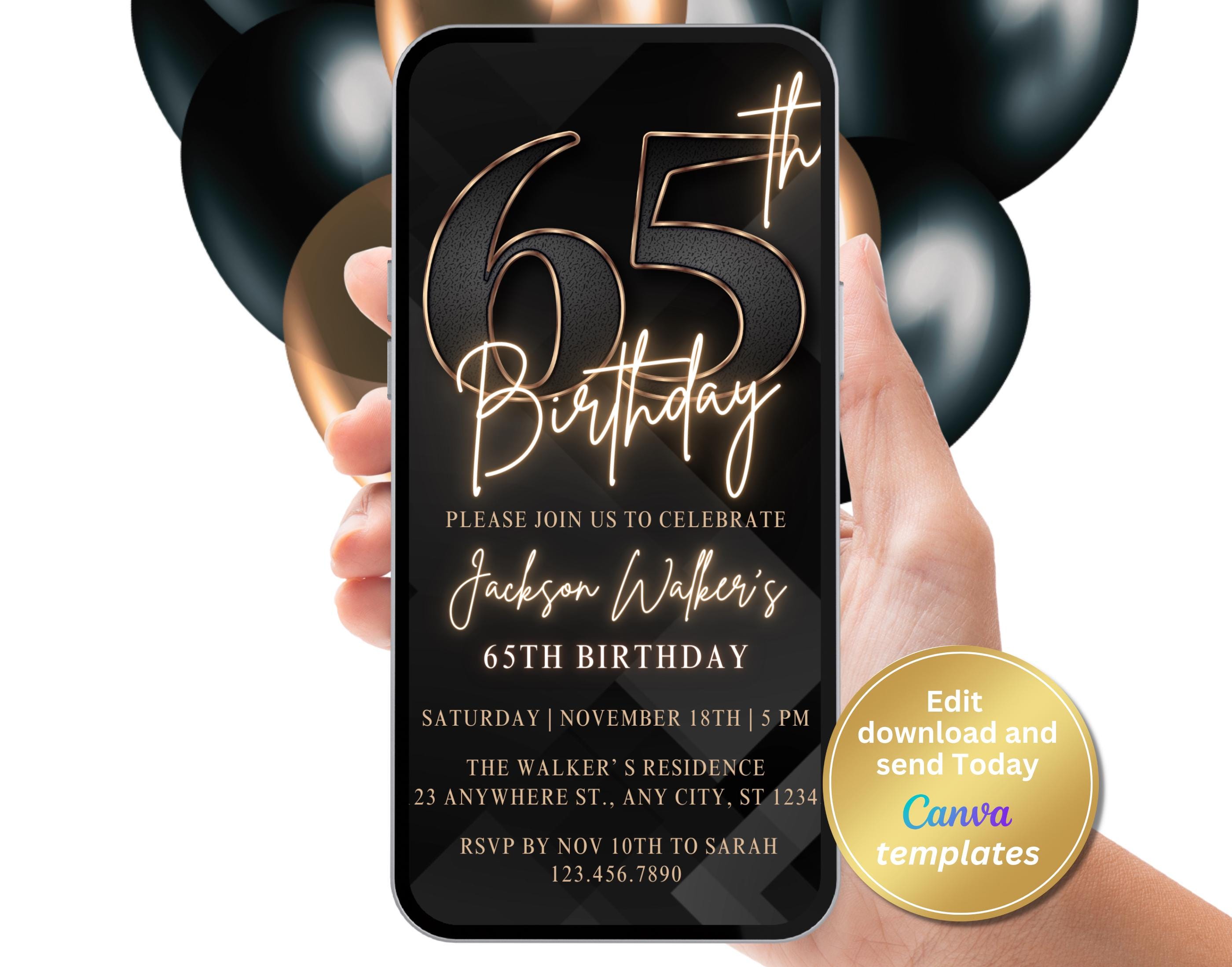65th Birthday Invitation Black Gold 65 Years Anniversary Celebration