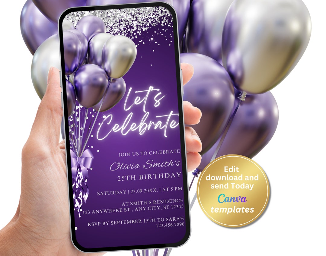 Digital Purple Birthday Party Invitation, Purple Silver Invite ...