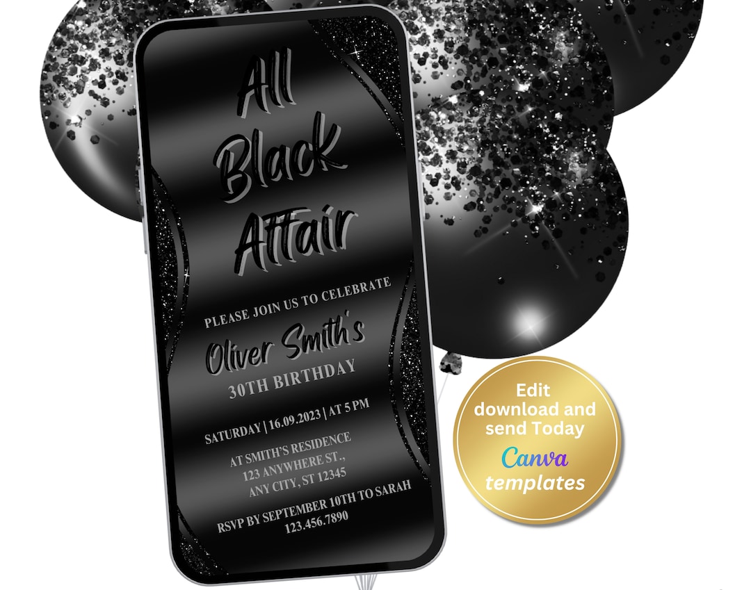 Editable All Black Affair Invitation, All Black Party Invitation, Glam ...