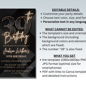 39th Birthday Party Invitation, Black Gold Number Invite, for Men ...