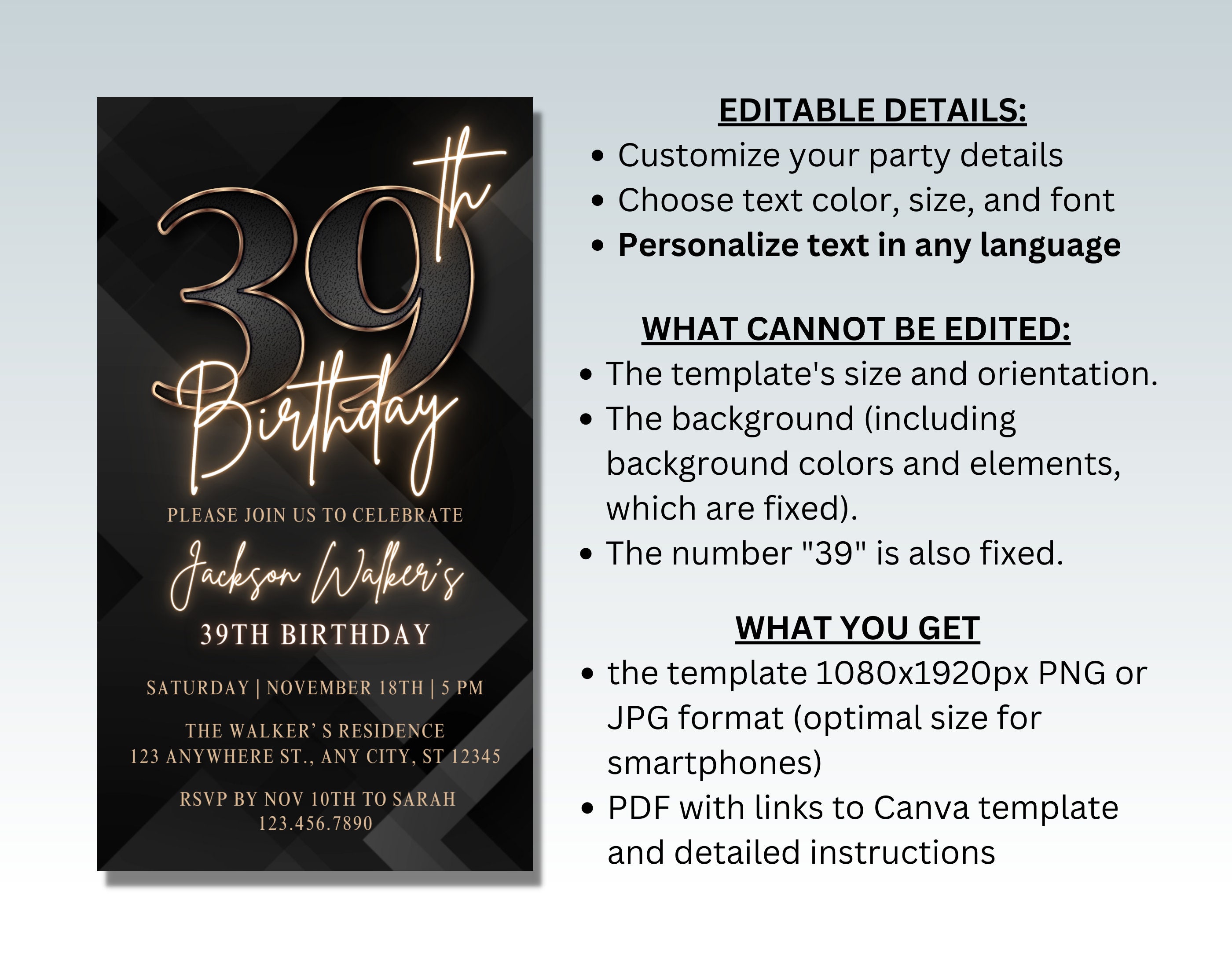 39th Birthday Party Invitation, Black Gold Number Invite, for Men ...